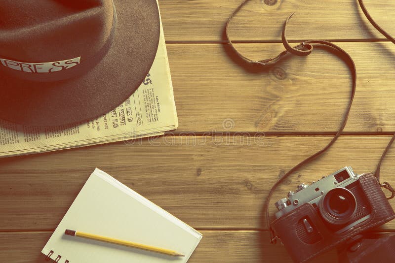 Vintage Reporter Fedora Hat Camera Stock Photo - Image of journalist ...