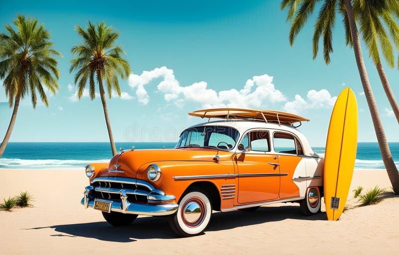 Vintage Retro Car at the Tropical Beach Stock Illustration ...