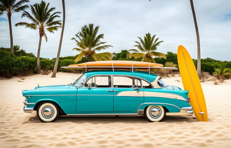 Vintage Retro Car at the Tropical Beach Stock Illustration ...