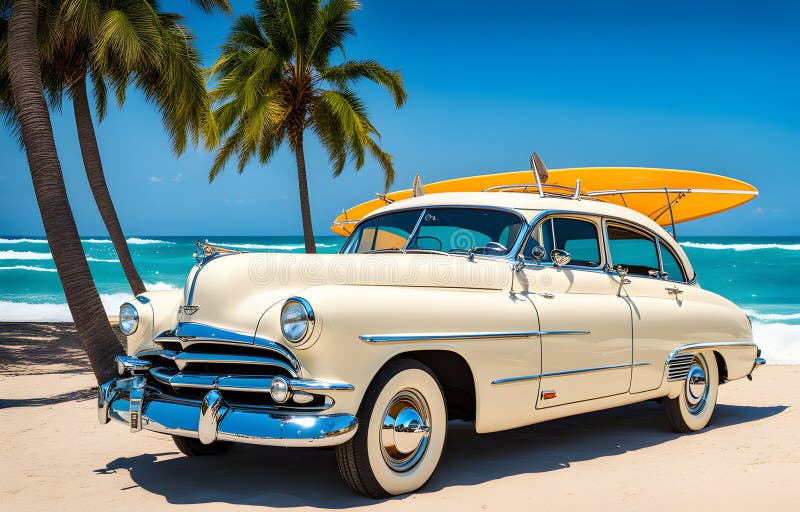 Vintage Retro Car at the Tropical Beach Stock Illustration ...