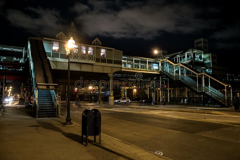 Vintage Chicago Elevated CTA Train Subway Station at Night Stock Photo ...