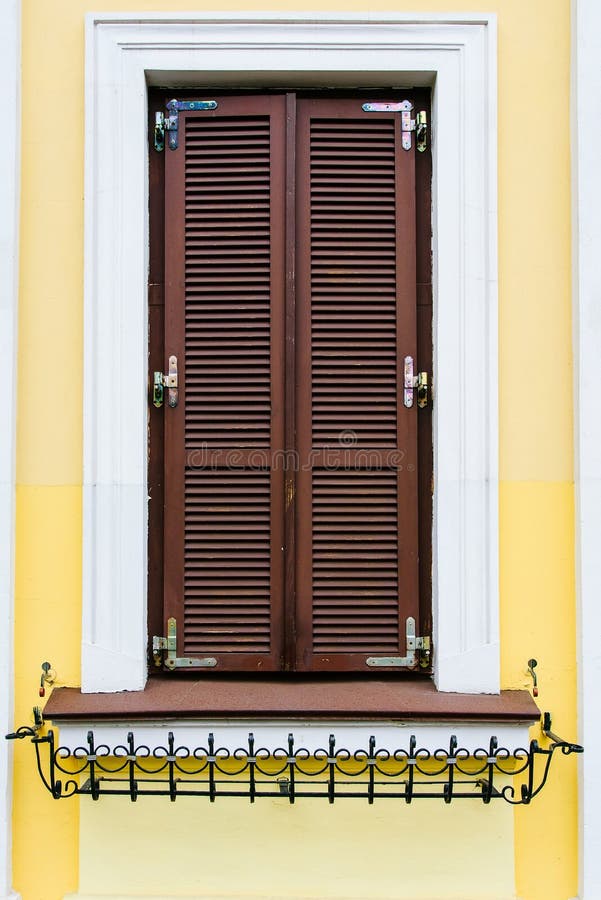 Vintage Retro Closed Window with Yellow Wall Stock Image - Image of ...