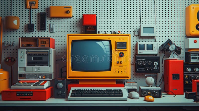 Vintage Retro Computer and Electronic Devices on a Table Against a ...