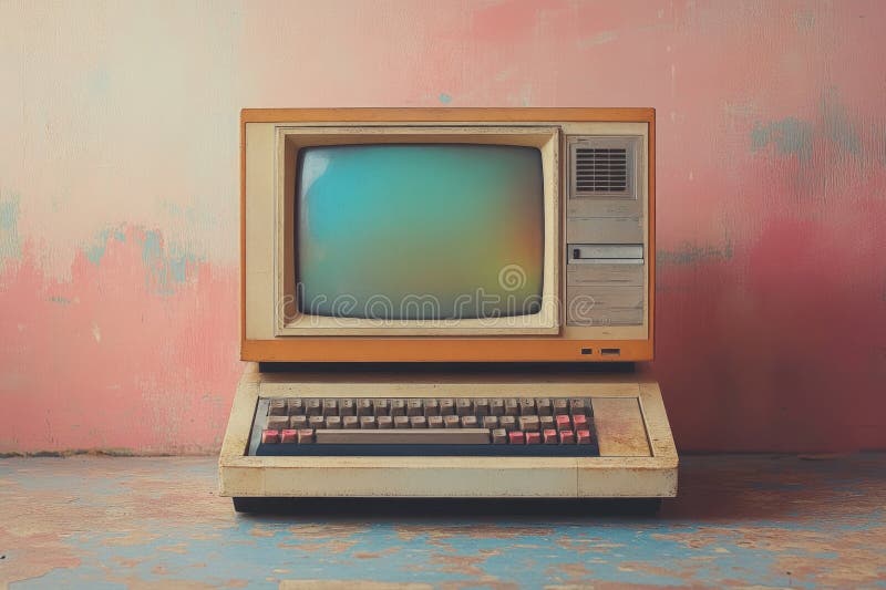 Vintage Retro Computer with Iridescent Screen on White Background â ...