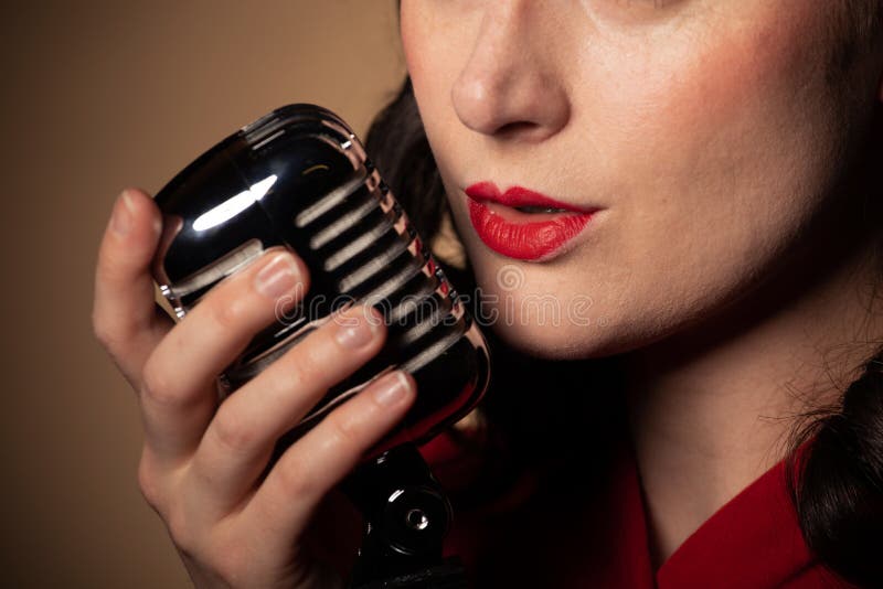 Vintage Retro Female Singer with Microphone Stock Image - Image of ...