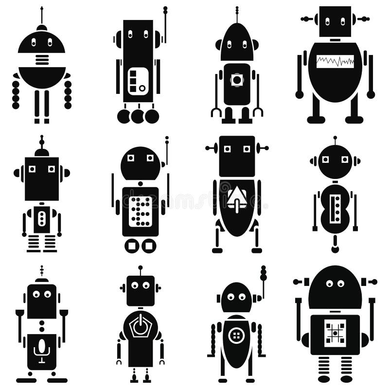 Vintage Retro Robots 2 Icons Set in Black and White Stock Vector ...