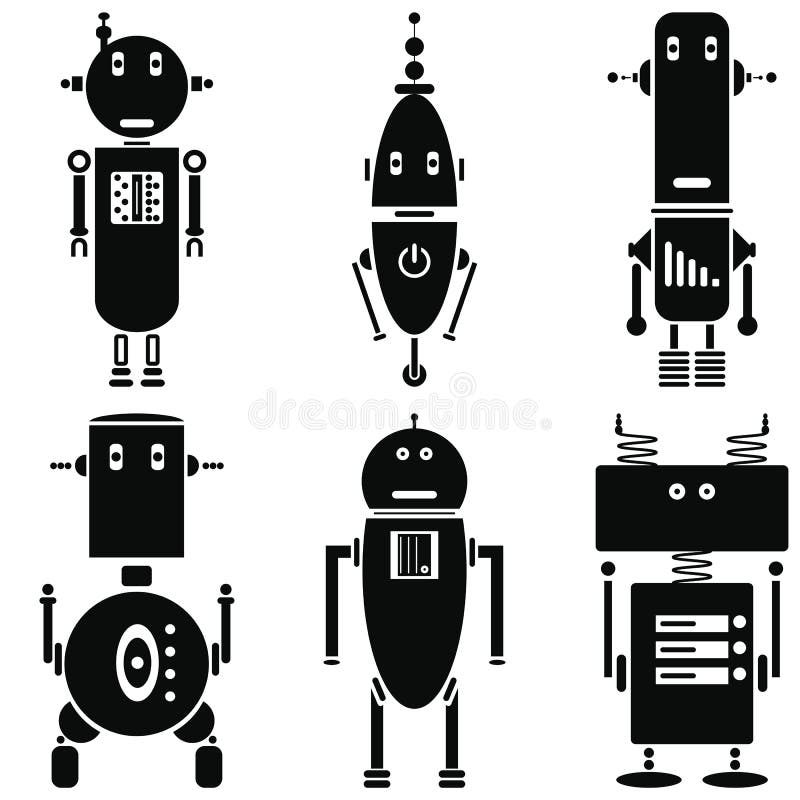 Vintage Retro Robots Icons Set in Black and White Set of 6 ( Set B ...