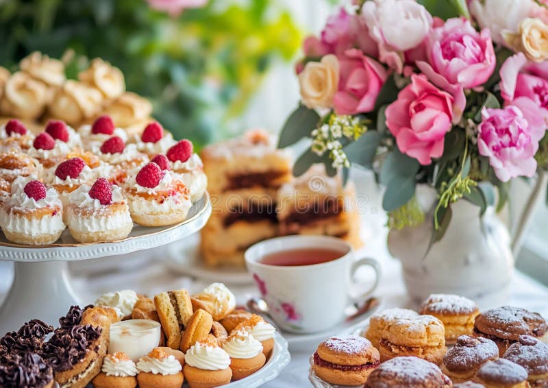 Vintage Retro Table with an Array of Desserts and Cakes, Cookies with ...