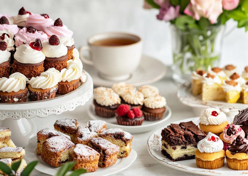 Vintage Retro Table with an Array of Desserts and Cakes, Cookies with ...