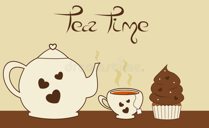 Vintage Retro Tea Set Scene with Chocolate Cupcake Illustration Stock ...