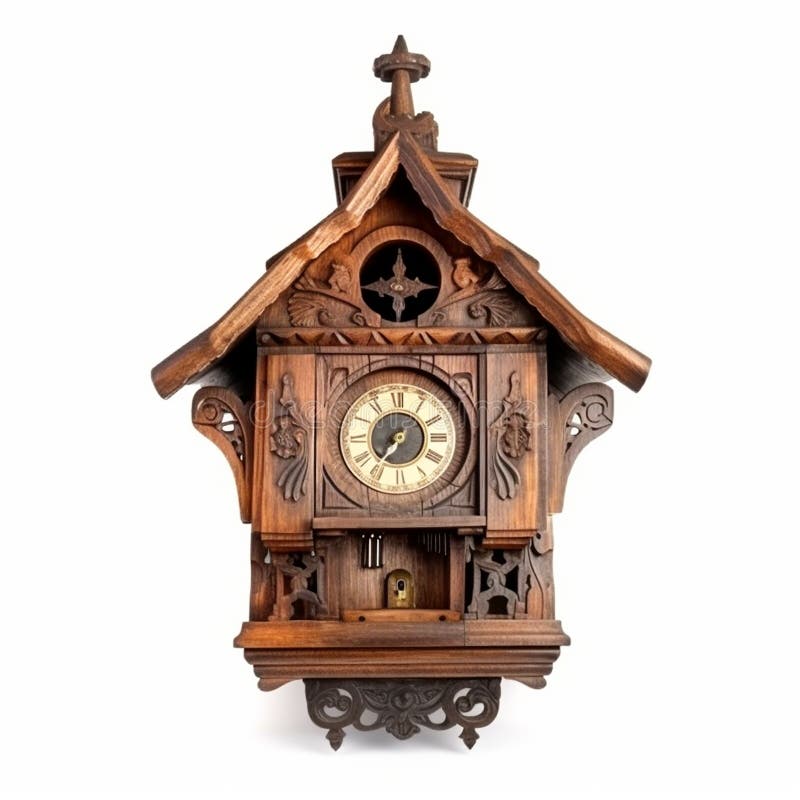 Vintage Retro Wooden with Carved Patterns Cuckoo Clock Isolated Stock ...