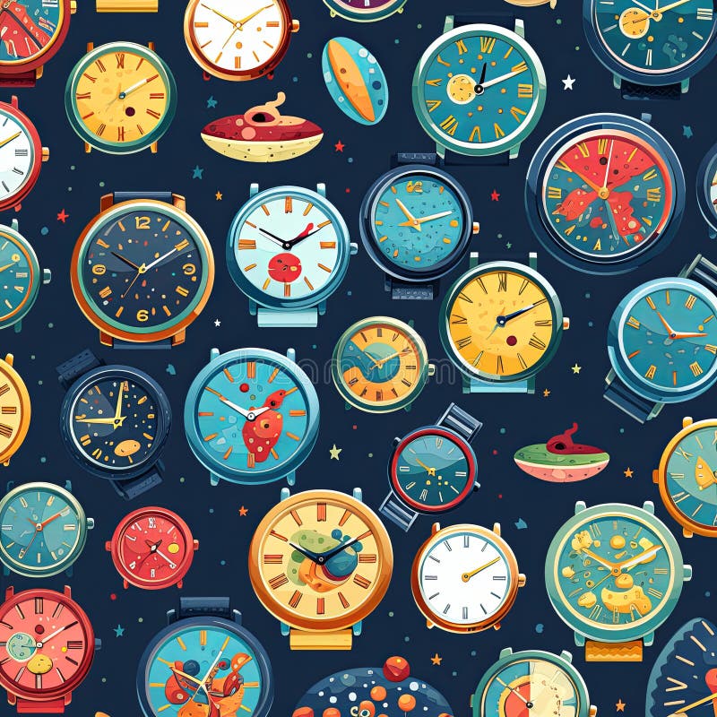 Vintage Retro Wristwatches Seamless Pattern Featuring Colorful Designs ...