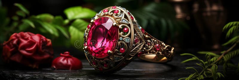 Vintage Ring with a Large Ruby and Smaller Gemstones, Beautifully Designed Stock Photo - Image ...