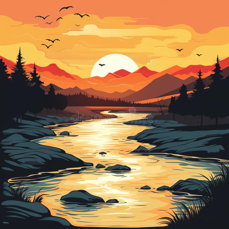 Vintage River Sunset Scene with White Background Vector Graphics Stock ...