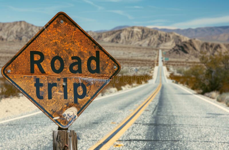 A Vintage Road Trip Road Sign on an Empty Highway on a Summer Day Stock ...