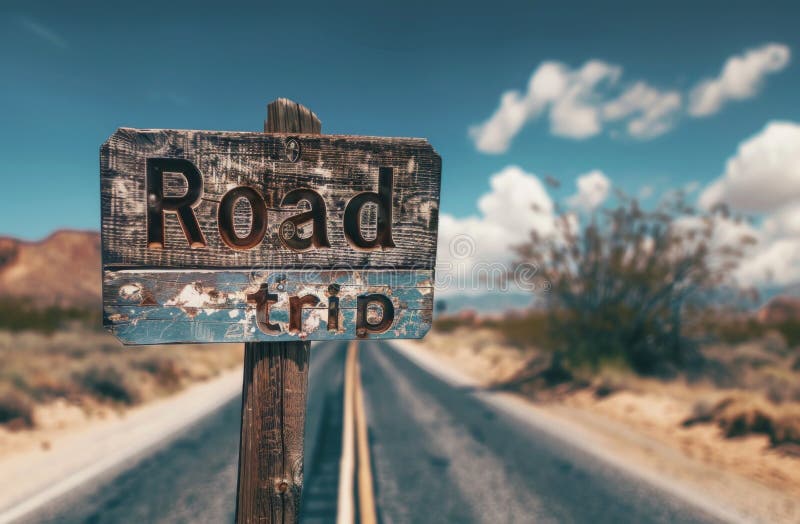 A Vintage Road Trip Road Sign on an Empty Highway on a Summer Day Stock ...