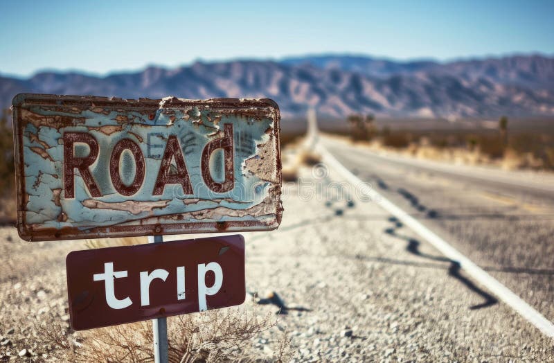 A Vintage Road Trip Road Sign on an Empty Highway on a Summer Day Stock ...