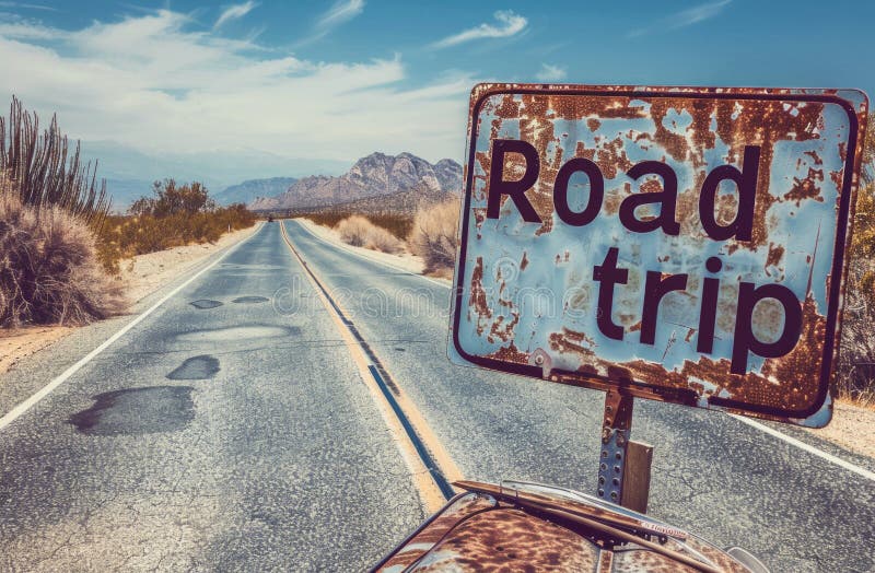 A Vintage Road Trip Road Sign on an Empty Highway on a Summer Day Stock ...