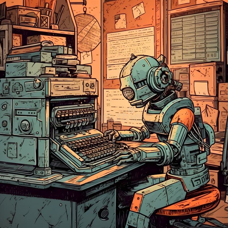 Vintage Robot Working in a Factory. Hand-drawn Illustration Stock ...