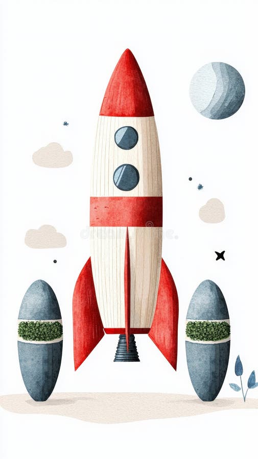 Vintage Rocket with Eco Friendly Boosters in Whimsical Watercolor Scene ...