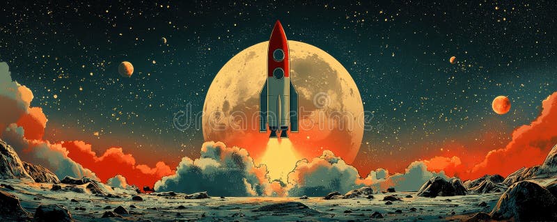 Vintage Rocket Launch Illustration with Moonlit Night Sky Impression Stock Photo - Image of moon ...
