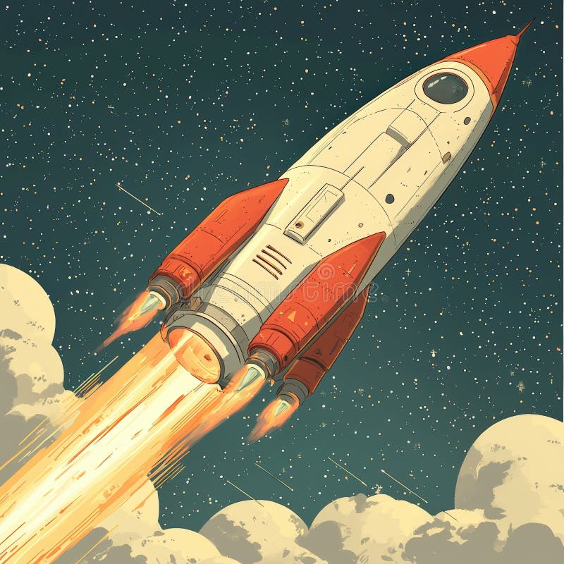Vintage Rocket Launching into Starry Sky with Comic Style Stock Image ...
