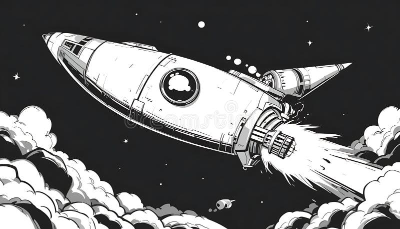 Vintage Rocket Ship Launching into Space with Trails and Clouds Stock Illustration ...