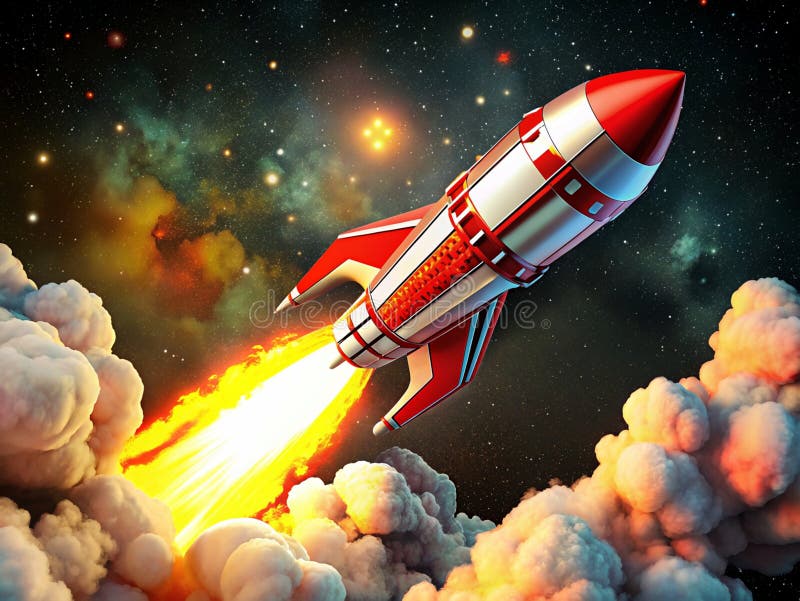 Vintage Rocket Ship Launching into Space Stock Vector - Illustration of space, vintage: 323374683