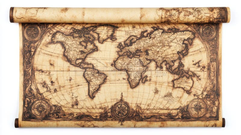 Vintage Roll of a Pirate Treasure Map with a White Background Stock ...