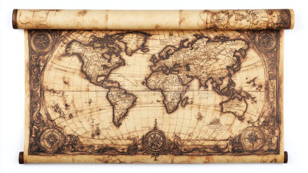 Vintage Roll of a Pirate Treasure Map with a White Background Stock ...