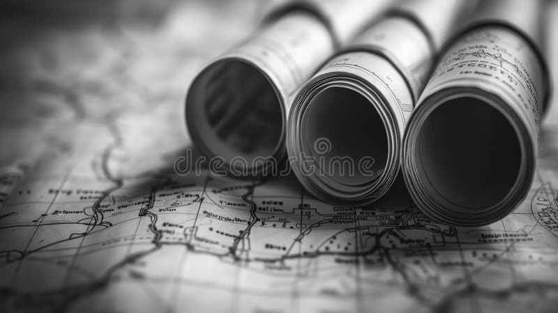 Vintage Rolled Architectural Blueprints on Antique Map, Engineering and ...