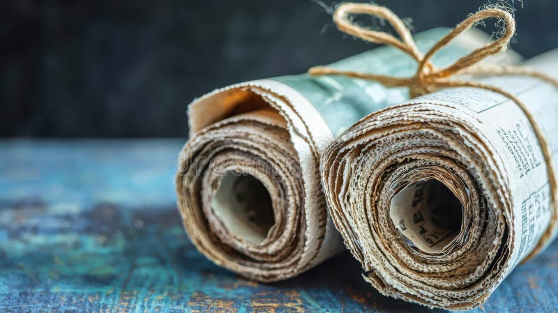 Vintage Rolled Newspapers Tied with Twine on Textured Surface Stock ...