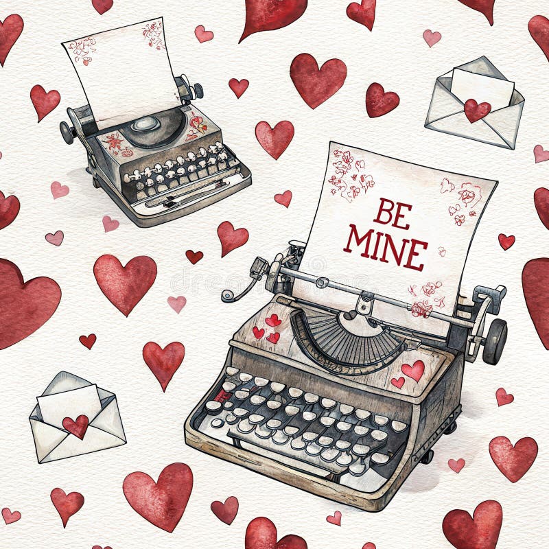 Vintage Romantic Typewriter Pattern with Hearts and Envelopes Stock ...