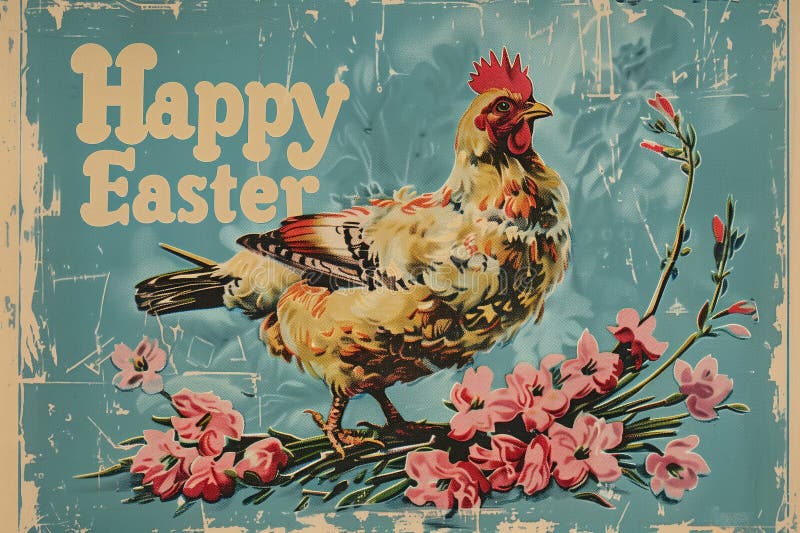 Vintage Rooster Illustration with Happy Easter Text, Surrounded by Pink ...