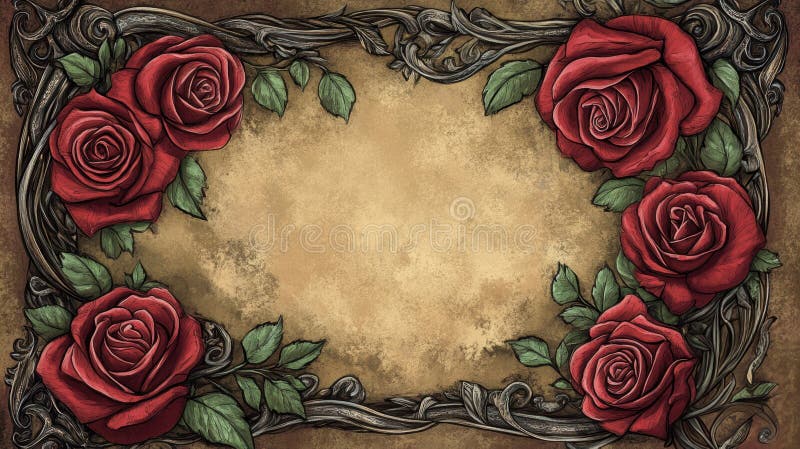 Vintage Rose Frame on Antique Parchment Background Stock Photo - Image ...