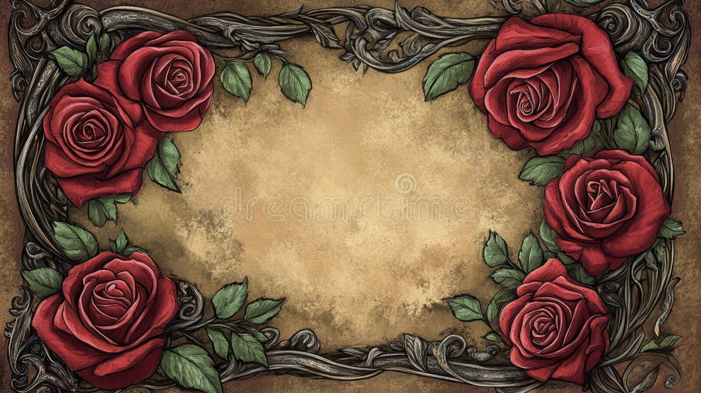 Vintage Rose Frame on Antique Parchment Background Stock Photo - Image ...