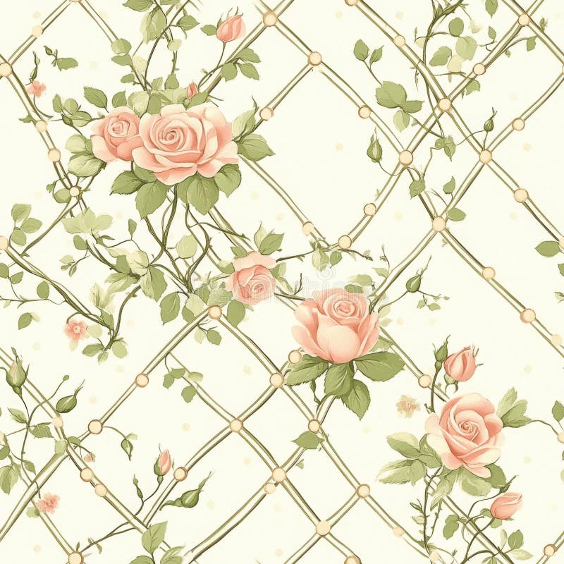 Vintage Rose Pattern with Floral Trellis Design on Pastel Background ...