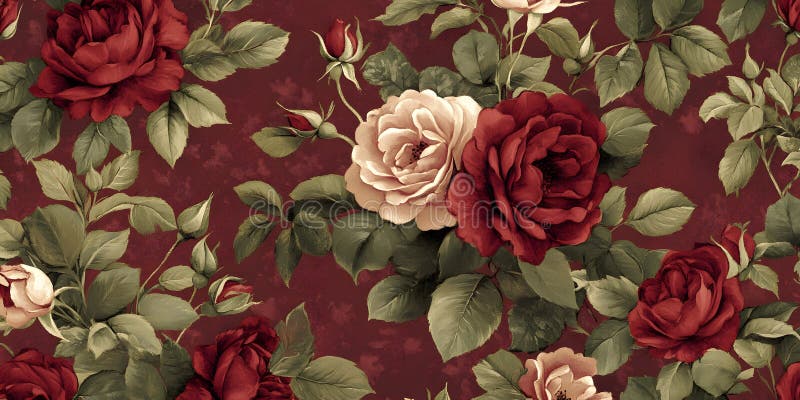 Vintage Roses: Burgundy Floral Seamless Pattern Stock Illustration ...