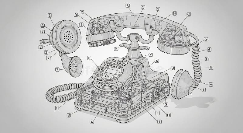 Vintage Rotary Telephone Disassembled, Schematic Diagram with Labels ...