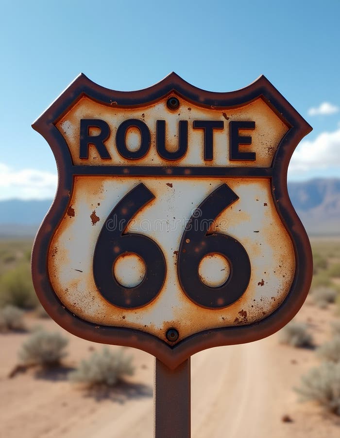 Vintage Route 66 Metal Sign Against Desert Backdrop Stock Illustration ...