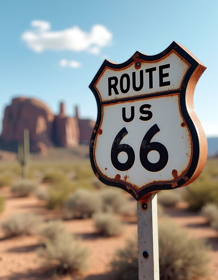 Vintage Route 66 Metal Sign Against Desert Backdrop Stock Illustration ...