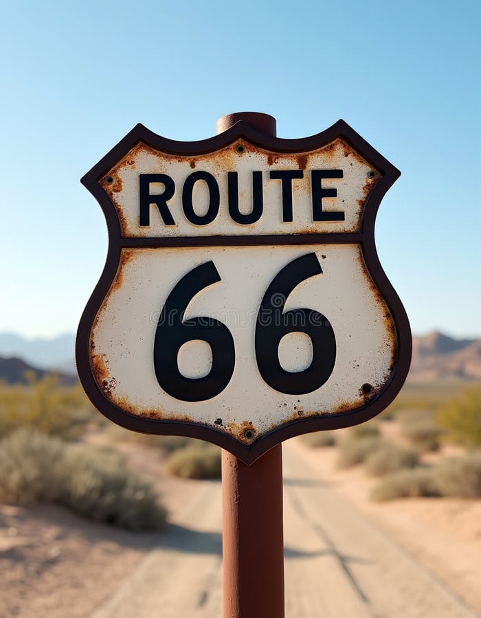 Vintage Route 66 Metal Sign Against Desert Backdrop Stock Illustration ...