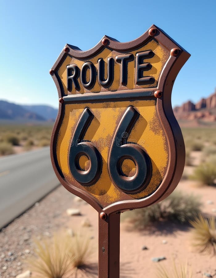 Vintage Route 66 Metal Sign Against Desert Backdrop Stock Illustration ...