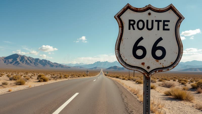 Vintage Route 66 Metal Sign on Empty Desert Highway Stock Illustration ...