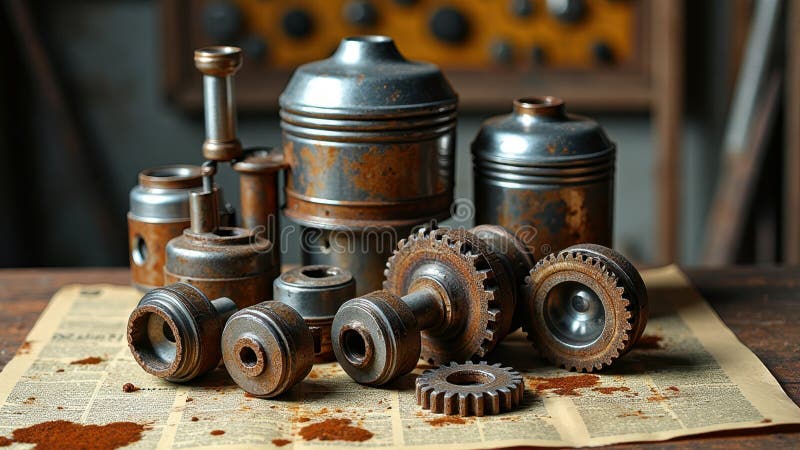 Vintage Rusted Engine Parts on Newspaper in Workshop Setting Stock ...