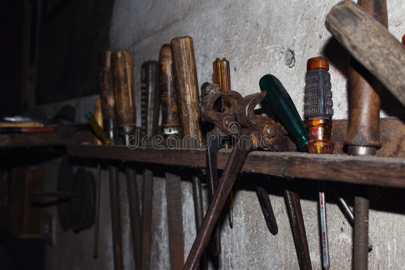 Vintage Rusted and Worn Tools in a Workshop Stock Photo - Image of shop ...