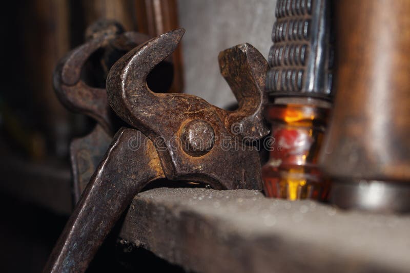 Vintage Rusted and Worn Tools in a Workshop Stock Photo - Image of ...