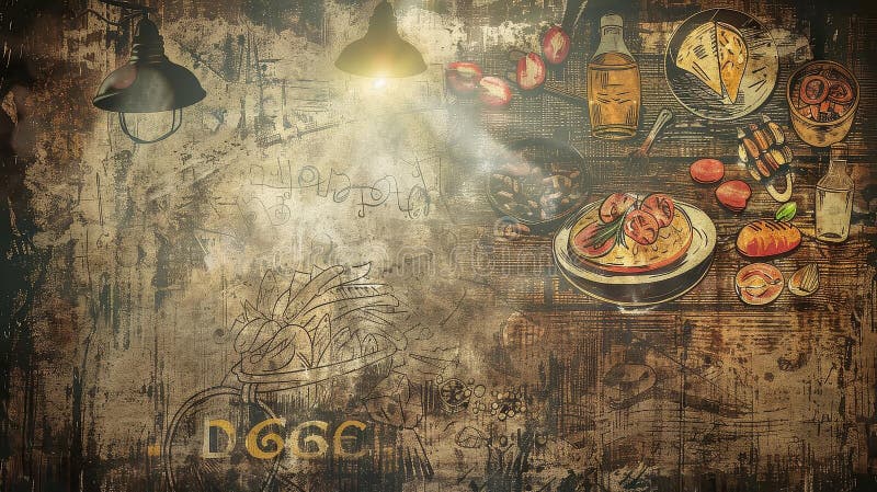 Vintage Rustic Food Illustration with Hanging Lights Stock Illustration ...