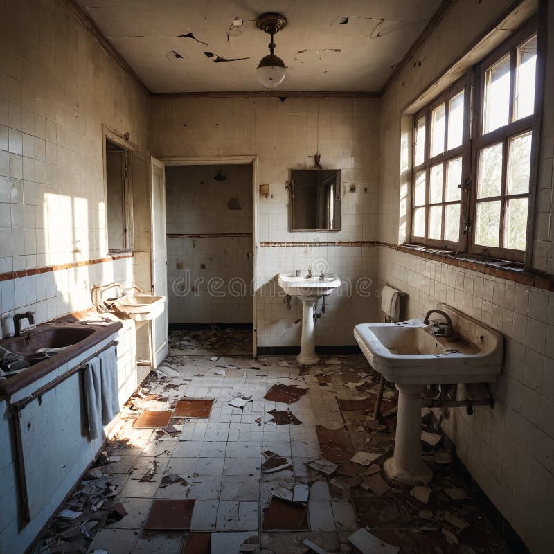 Vintage Rustic Tiles Abandoned Bathroom in Decay Stock Illustration ...