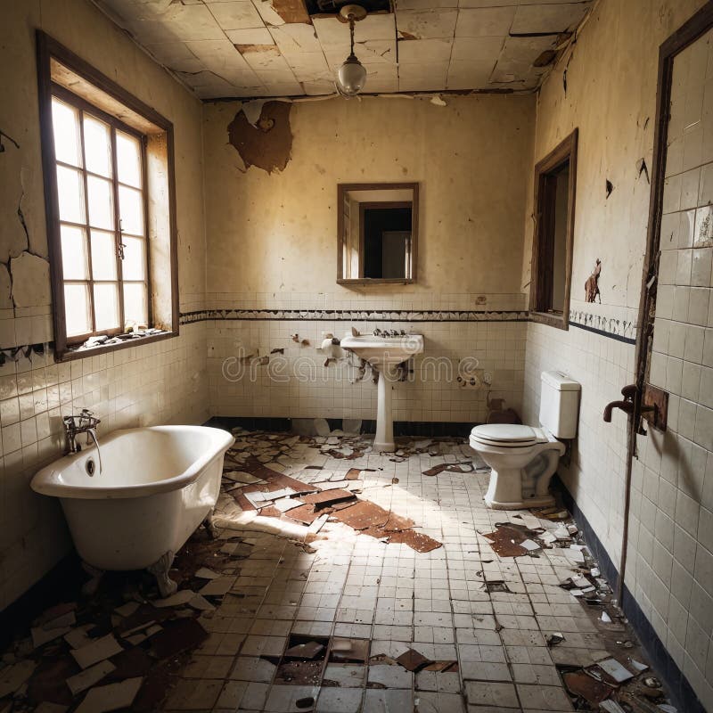 Vintage Rustic Tiles Abandoned Bathroom in Decay Stock Illustration ...